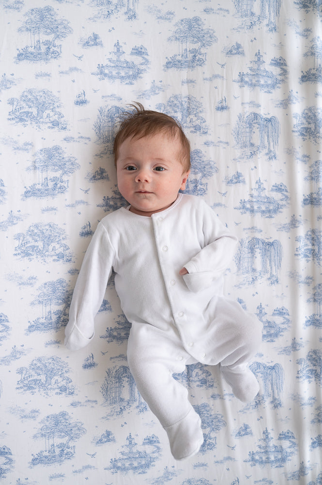 Spring Toile Blue Fitted Crib Sheet | The Gilded Bird | Fitted Cot ...